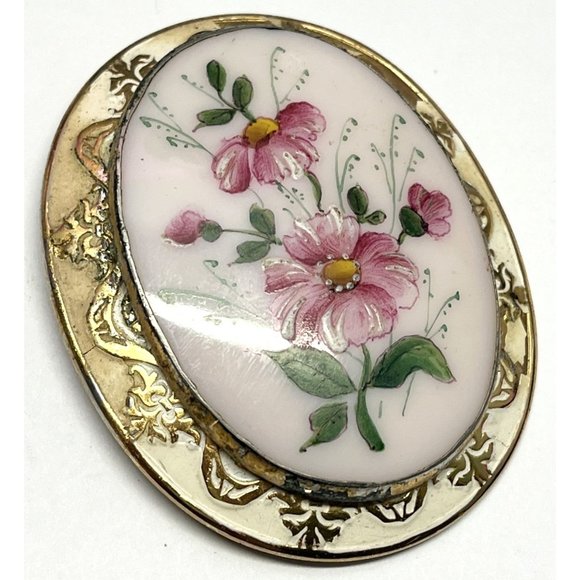 Vintage | Jewelry | Vintage Estate Pink Painted Porcelain Brooch Pin ...